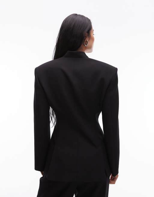 ASOS DESIGN grown on neck high break point blazer in black | ASOS