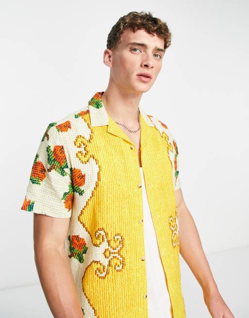 Asos Design Gul Mixat Blommig Och Mönstrad Skjorta Med Platt Krage I