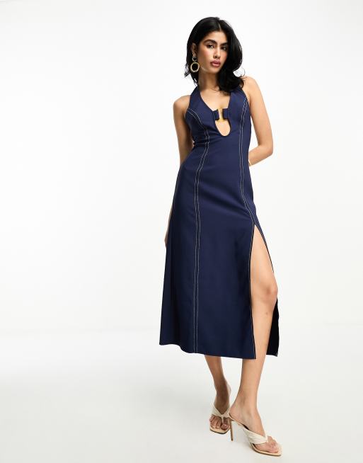 Asos Design Halter Bodycon Midi Dress Stitch With Contrast Stitching
