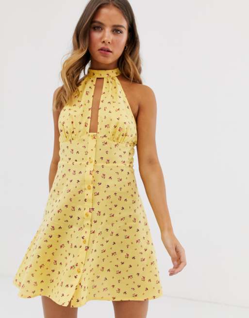 Asos Design Halter Neck Button Through Mini Sundress In Ditsy Floral