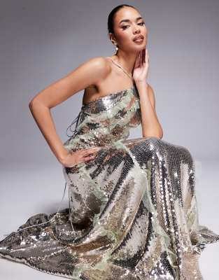ASOS DESIGN halter neck sequin maxi dress in silver sequin with mesh ...