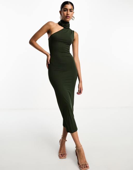 Asos Design Halter Shoulder Midi Dress In Khaki Asos