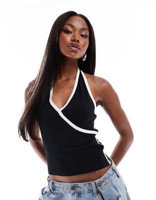 ASOS DESIGN halter wrap top with contrast tipping detail in black | ASOS
