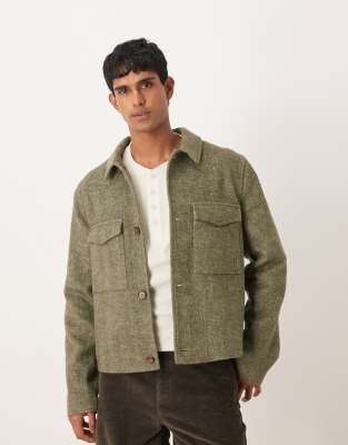 ASOS DESIGN harrington jacket with patch pockets in green | ASOS