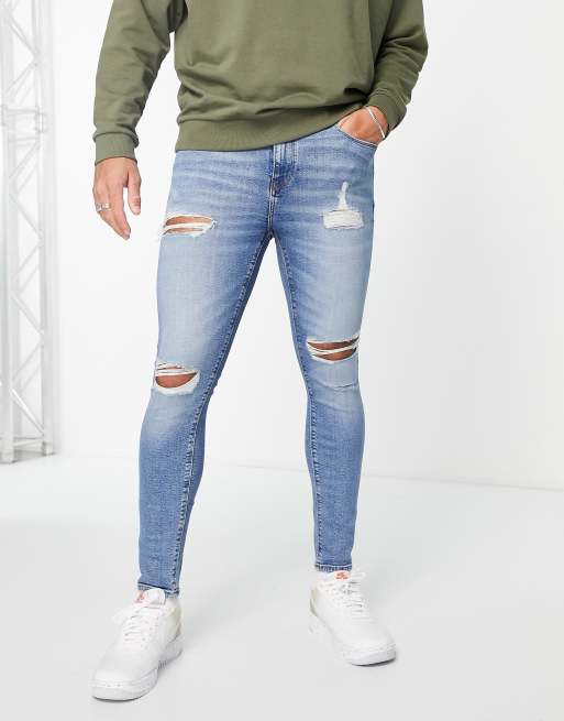 Asos Design Hautenge Jeans In Verwaschenem Mittelblau Mit Power