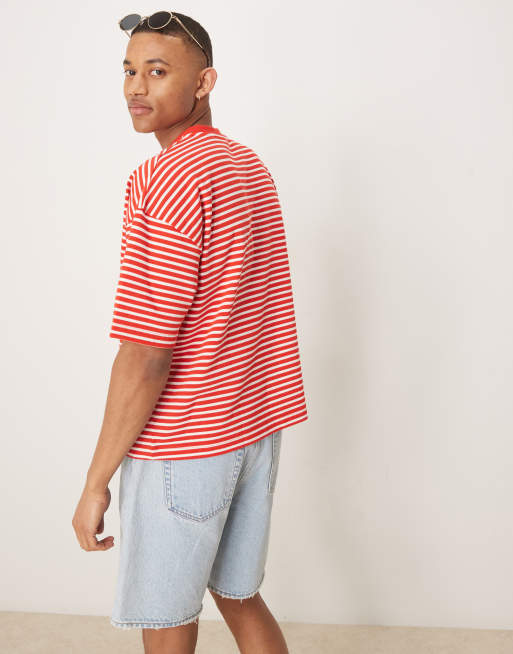 ASOS DESIGN heavyweight boxy oversized t-shirt in red and white stripe ...