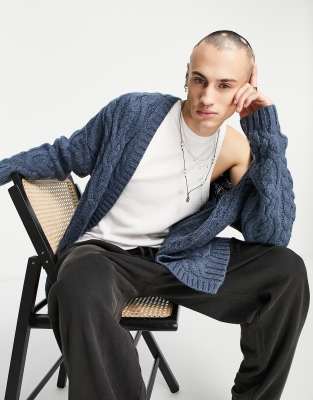 ASOS DESIGN heavyweight cable knit cardigan in denim blue | ASOS