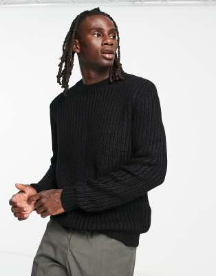 ASOS DESIGN heavyweight fisherman ribbed crew neck sweater in black | ASOS