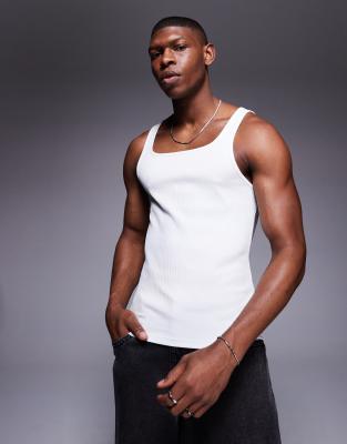 ASOS DESIGN heavyweight muscle boxy square neck tank top in white rib ...