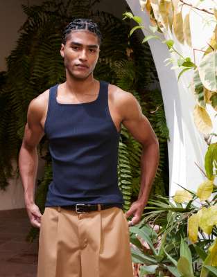 ASOS DESIGN heavyweight muscle square neck tank top in navy rib | ASOS