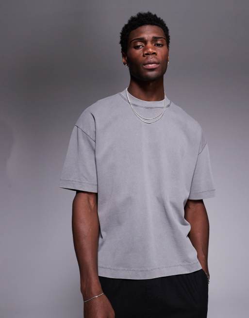 ASOS DESIGN heavyweight oversized boxy drop shoulder acid wash t-shirt in charcoal | ASOS