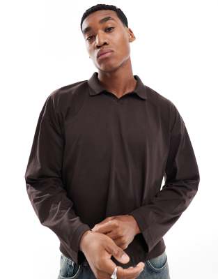 ASOS DESIGN heavyweight oversized boxy long sleeve polo 240gsm in brown ...