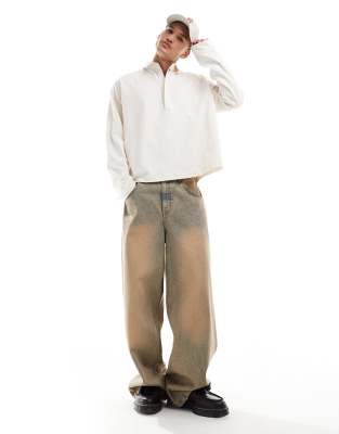 ASOS DESIGN heavyweight oversized boxy polo with long sleeve in cream ...