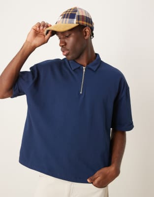ASOS DESIGN heavyweight oversized boxy rolled sleeve polo in navy | ASOS