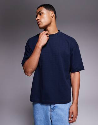 ASOS DESIGN heavyweight oversized boxy t-shirt in navy square texture ...
