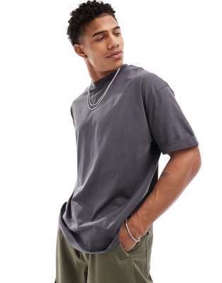 ASOS DESIGN heavyweight oversized t-shirt with roll sleeve in charcoal | ASOS