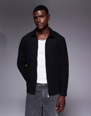 ASOS DESIGN heavyweight ribbed jacquard zip up shacket in black | ASOS