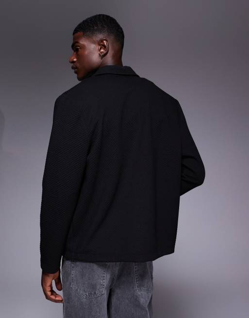 ASOS DESIGN heavyweight ribbed jacquard zip up shacket in black | ASOS