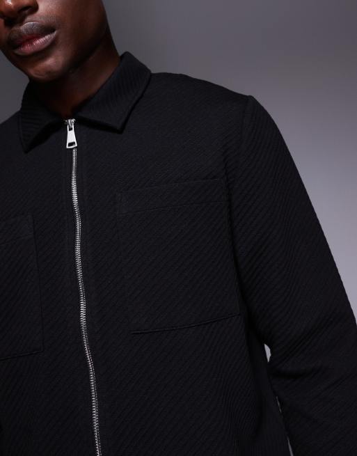 ASOS DESIGN heavyweight ribbed jacquard zip up shacket in black | ASOS