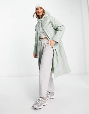 ASOS DESIGN heavyweight rubberized padded rain coat in sage | ASOS