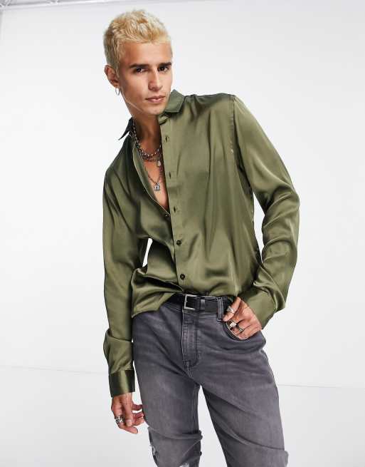 Asos Design Hemd Aus Satin In Olive Asos