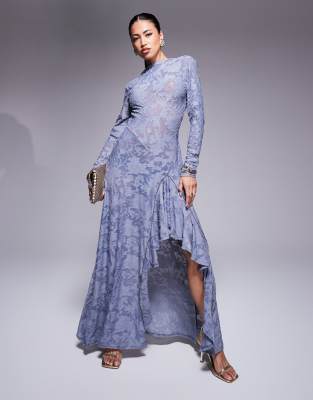 ASOS DESIGN hi lo maxi dress with open back in blue devore | ASOS