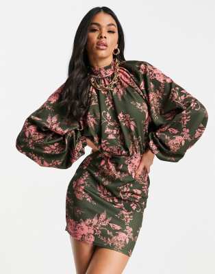 Asos Design High Neck Balloon Sleeve Mini Dress In Floral Print Multi