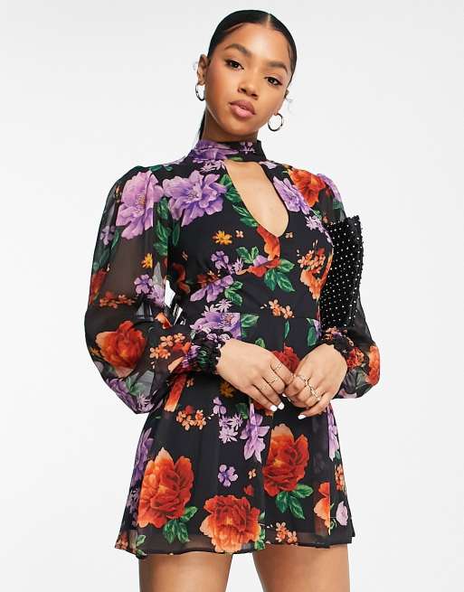Asos Design High Neck Chiffon Flippy Playsuit In Rose Print Asos