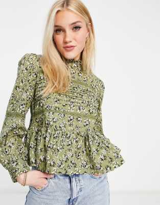 ASOS DESIGN high neck green floral top with lace inserts | ASOS
