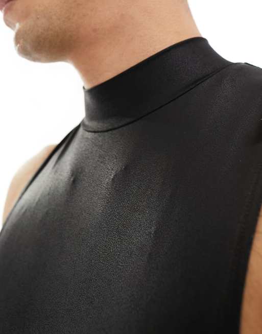 ASOS DESIGN high neck muscle fit singlet in faux leather in black | ASOS