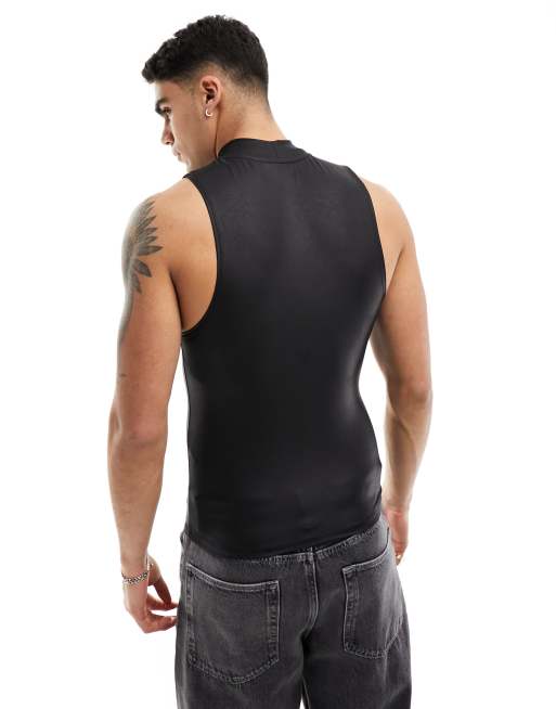 ASOS DESIGN high neck muscle fit singlet in faux leather in black | ASOS