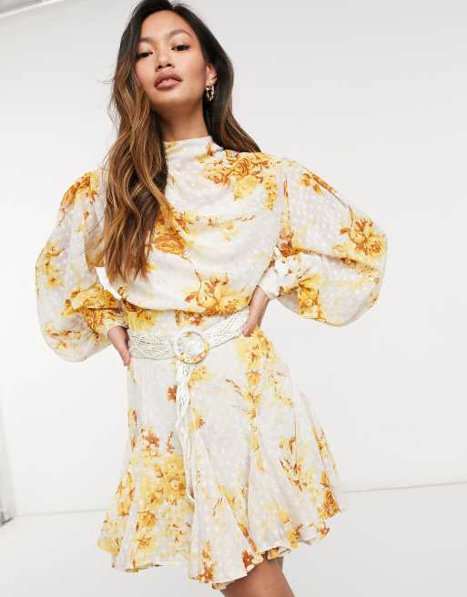 Asos Design High Neck Pleated Jacquard Mini Dress With Godet Detail In