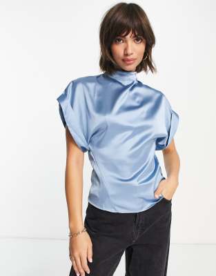 ASOS DESIGN high neck satin top with roll sleeve in blue | ASOS