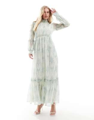 ASOS DESIGN high neck shirred maxi dress with frill edge in blue floral ...