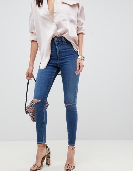 Asos Design High Rise Ridley Skinny Jeans In Extreme Dark Stonewash