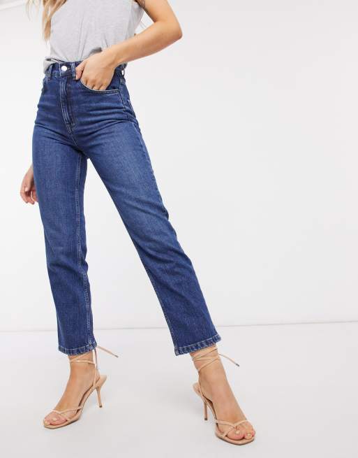 ASOS DESIGN high rise stretch 'slim' straight leg jeans in darkwash | ASOS