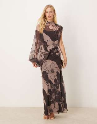 ASOS DESIGN - Hoogsluitende gedrapeerde asymmetrische maxi-jurk met uitsnijding met bloemenprint ...