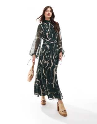 ASOS DESIGN - Hoogsluitende gerimpelde maxi-jurk met chevron-details in donkere kronkelprint | ASOS