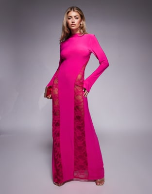 ASOS DESIGN - Hoogsluitende maxi-jurk met lange mouwen en kanten inzetstukken met naden in roze ...