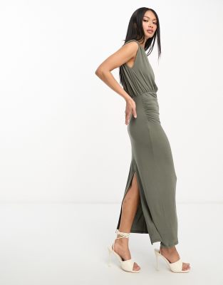 ASOS DESIGN - Hoogsluitende mouwloze midi-jurk met bodycon-rok in donker kaki | ASOS