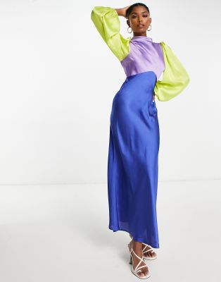 ASOS DESIGN - Hoogsluitende nette maxi jurk van satijn met kleurvlakken | ASOS