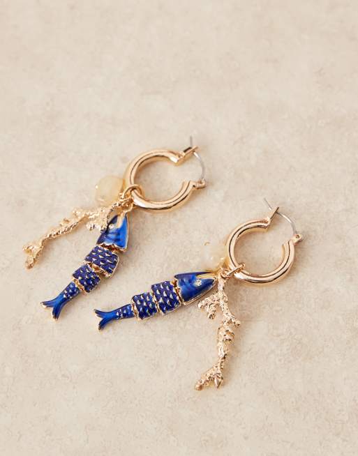 ASOS DESIGN hoop earrings with fish charms in gold tone | ASOS