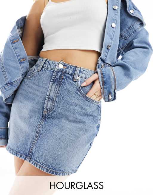 Asos Design Hourglass Denim Minirok Met Hoge Taille In Midwash Blauw