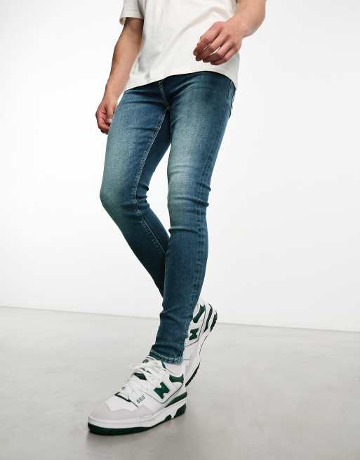 Asos Design Jeans Met Powerstretch In Blauw Met Donkere Wassing Asos
