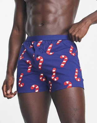 ASOS DESIGN jersey boxers in navy with Christmas candy cane print | ASOS