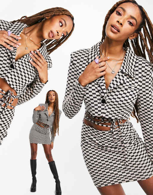 ASOS DESIGN jersey crop suit blazer in checkerboard print | ASOS