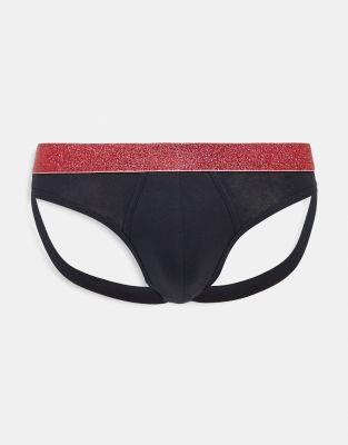 ASOS DESIGN jock in black with red glitter waistband | ASOS