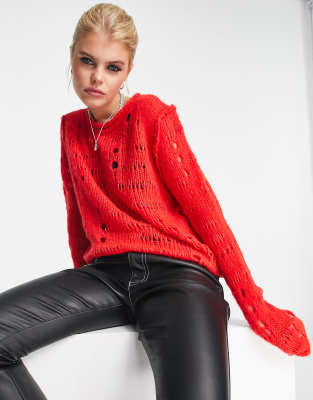 ASOS DESIGN jumper in fluffy yarn with distressed stitch in red | ASOS