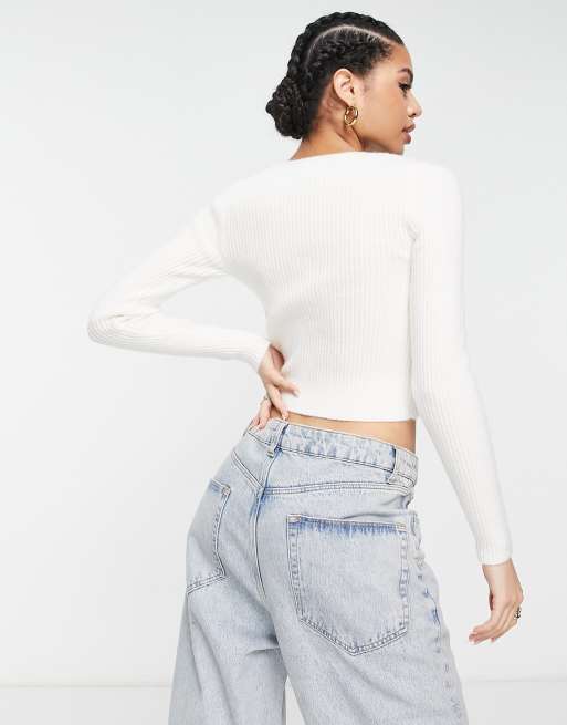 ASOS DESIGN jumper with embellished stones and fringe detail in cream ...