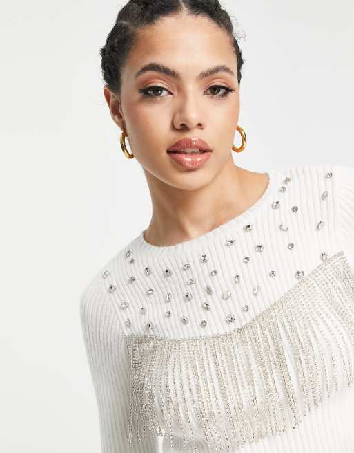 ASOS DESIGN jumper with embellished stones and fringe detail in cream ...